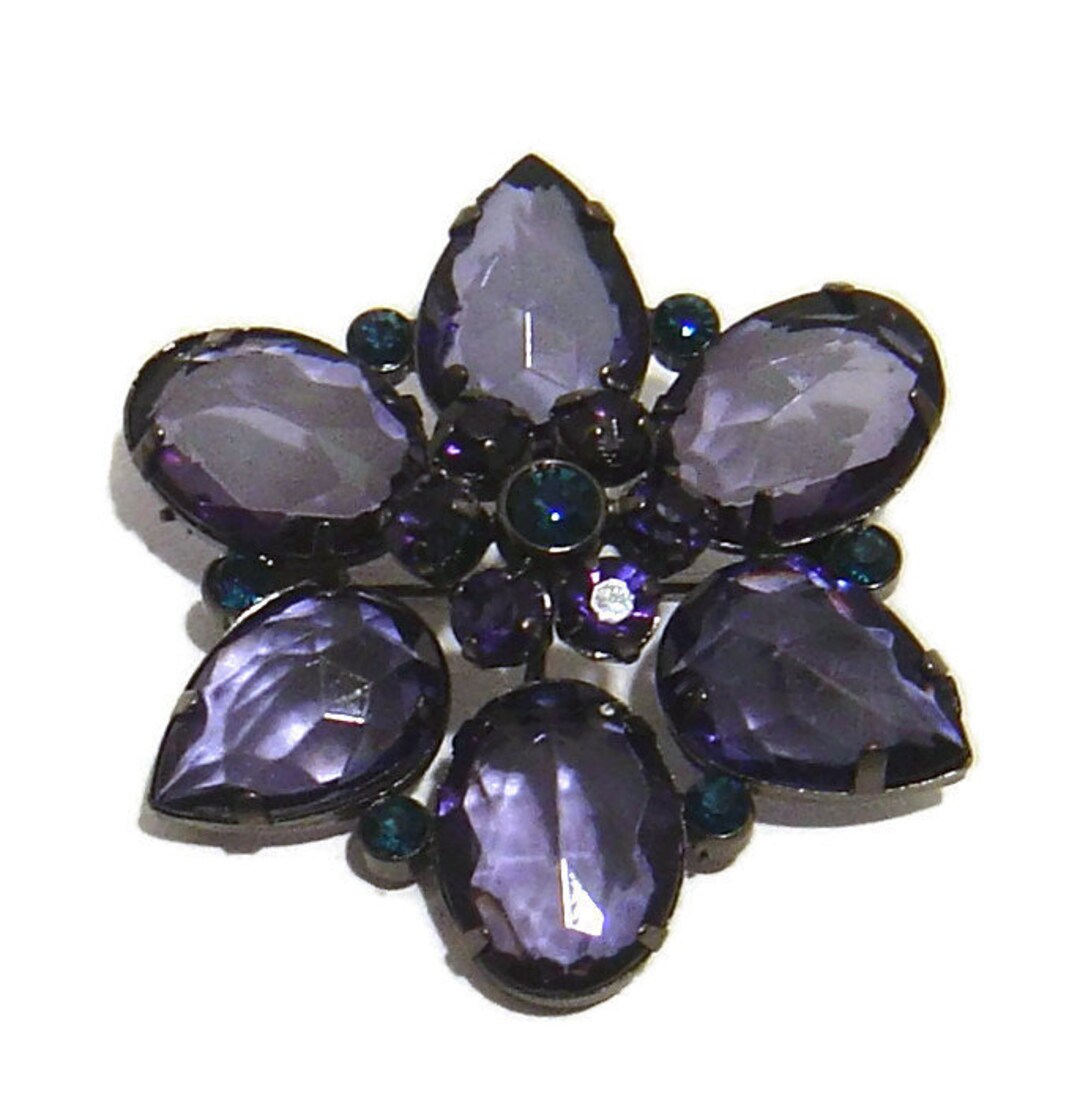 Purple Faceted Faux Glass Brooch With Purple Rhinestones Jewelry ...