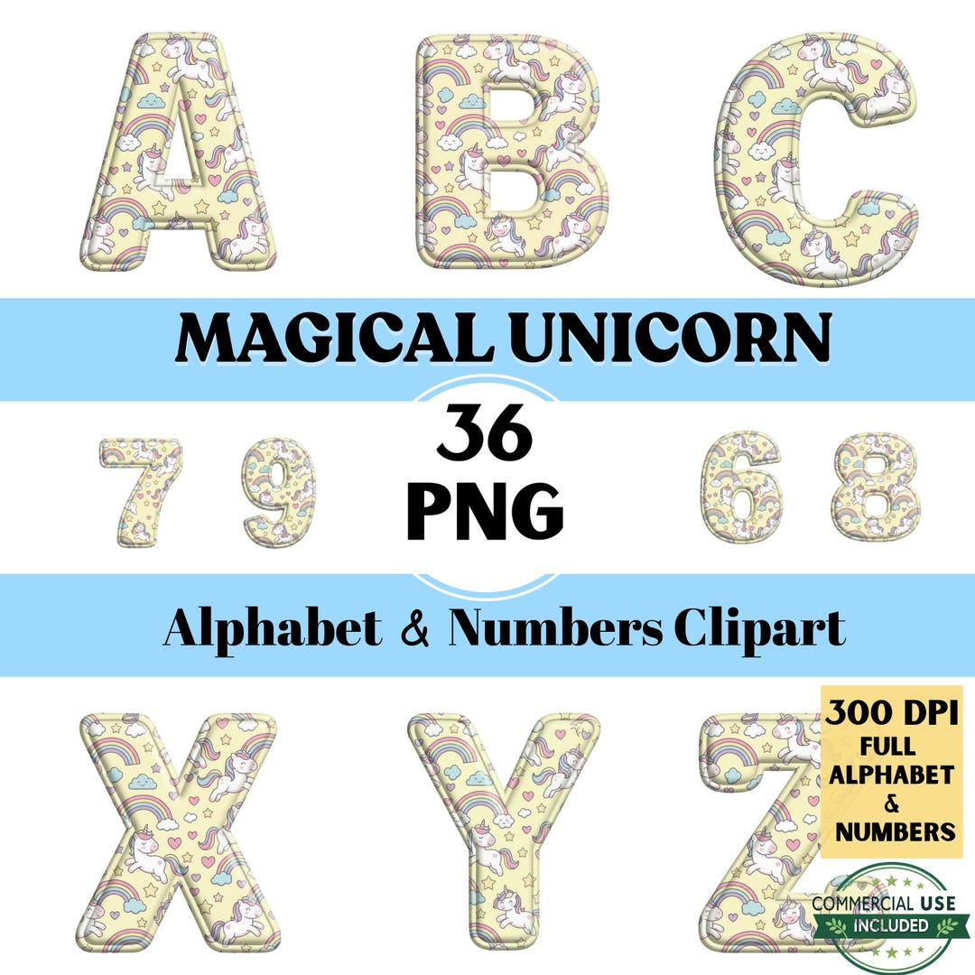 Unicorn Alphabet Clipart, Rainbow Letters, Nursery Sublimation (36 PNG ...
