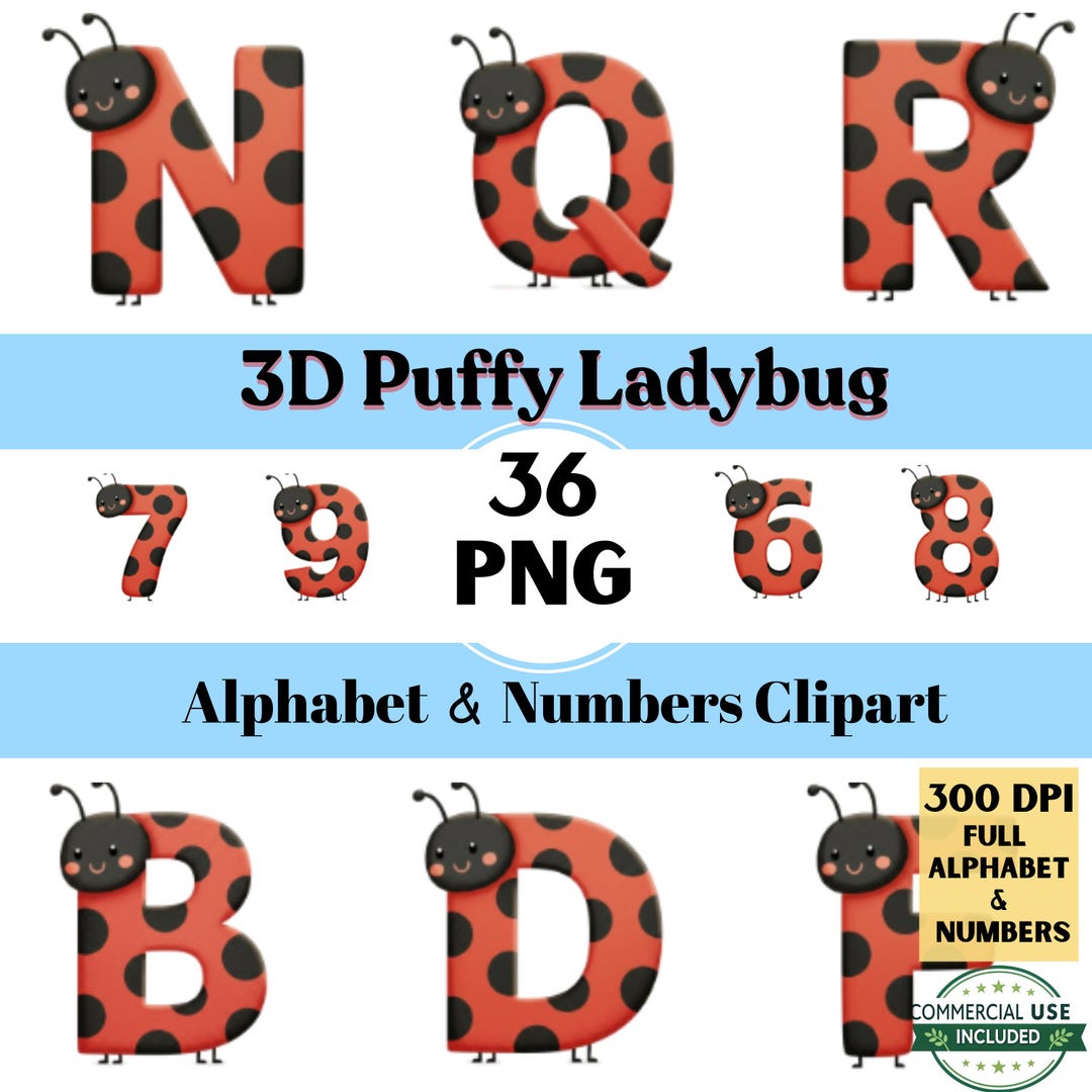 3D Ladybug Alphabet Clipart, Kids Birthday Font (36 PNG Bundle ...
