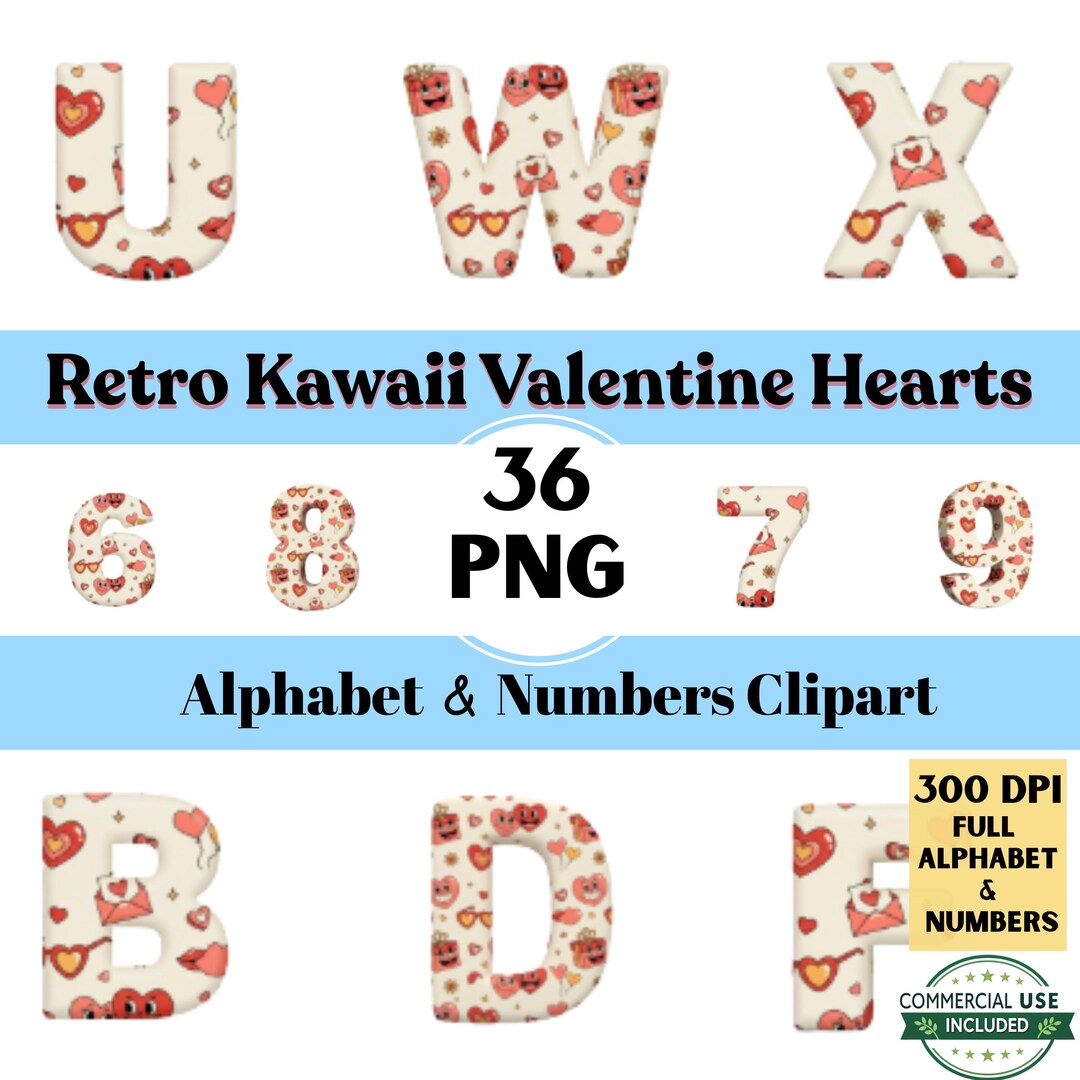 Retro Kawaii Valentine Hearts Alphabet Clipart PNG, Groovy Heart ...