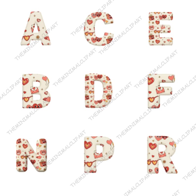 Retro Kawaii Valentine Hearts Alphabet Clipart PNG, Groovy Heart ...