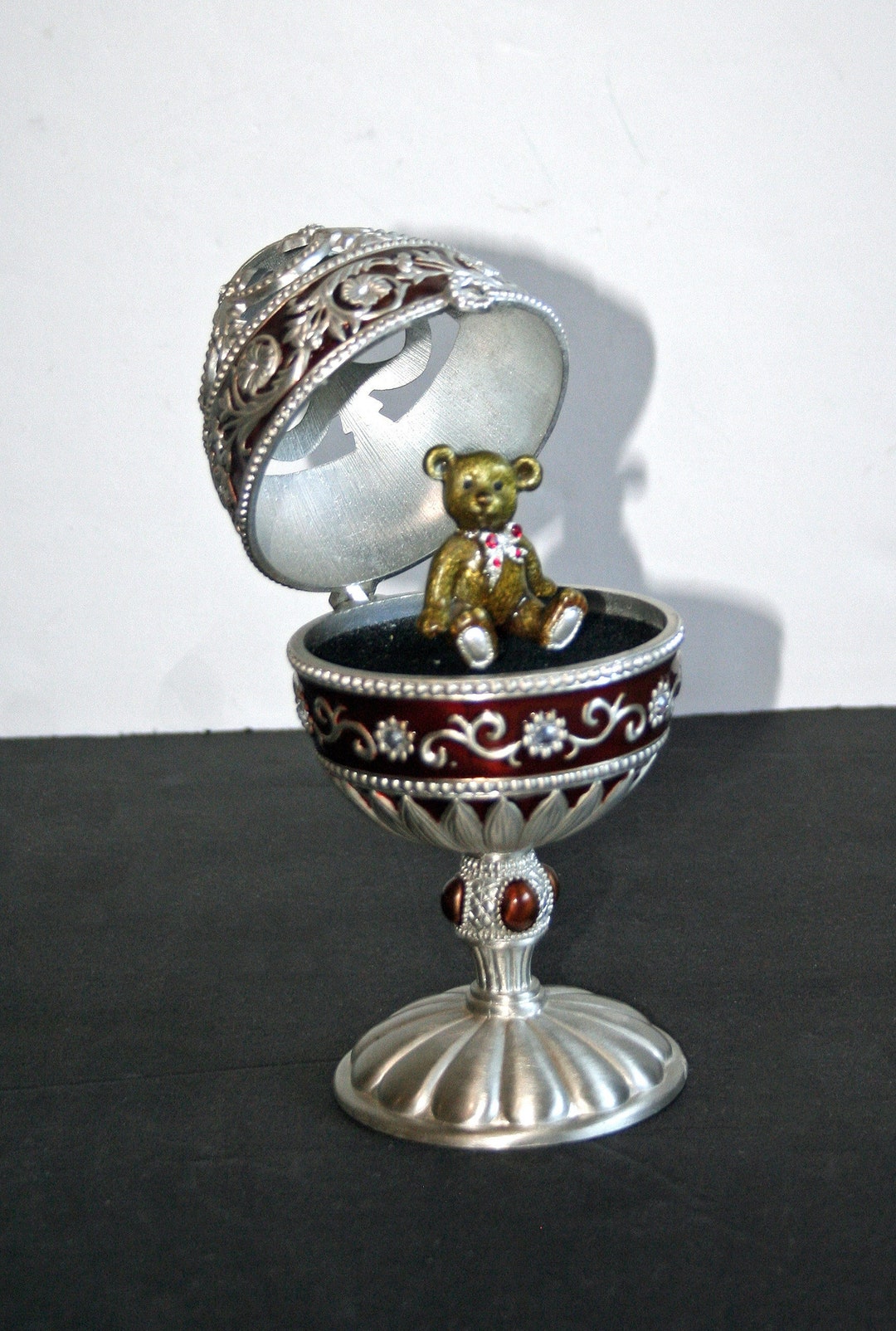Egg Music Box, Burgundy Enamel, Jane Seymour, Pedestal Egg, Pewter Egg ...