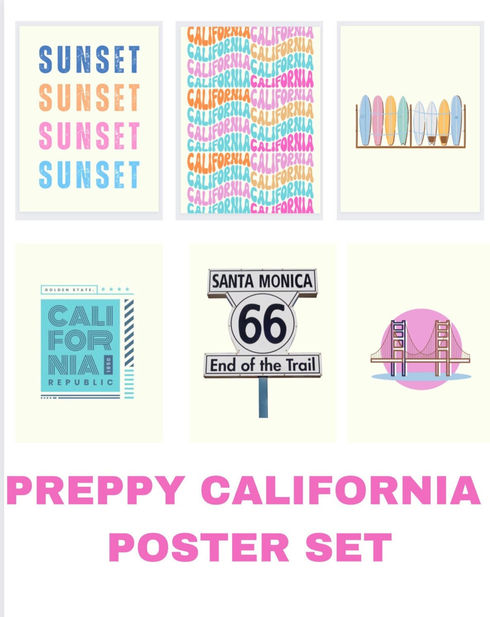 Preppy California Poster Set of 6 - Etsy