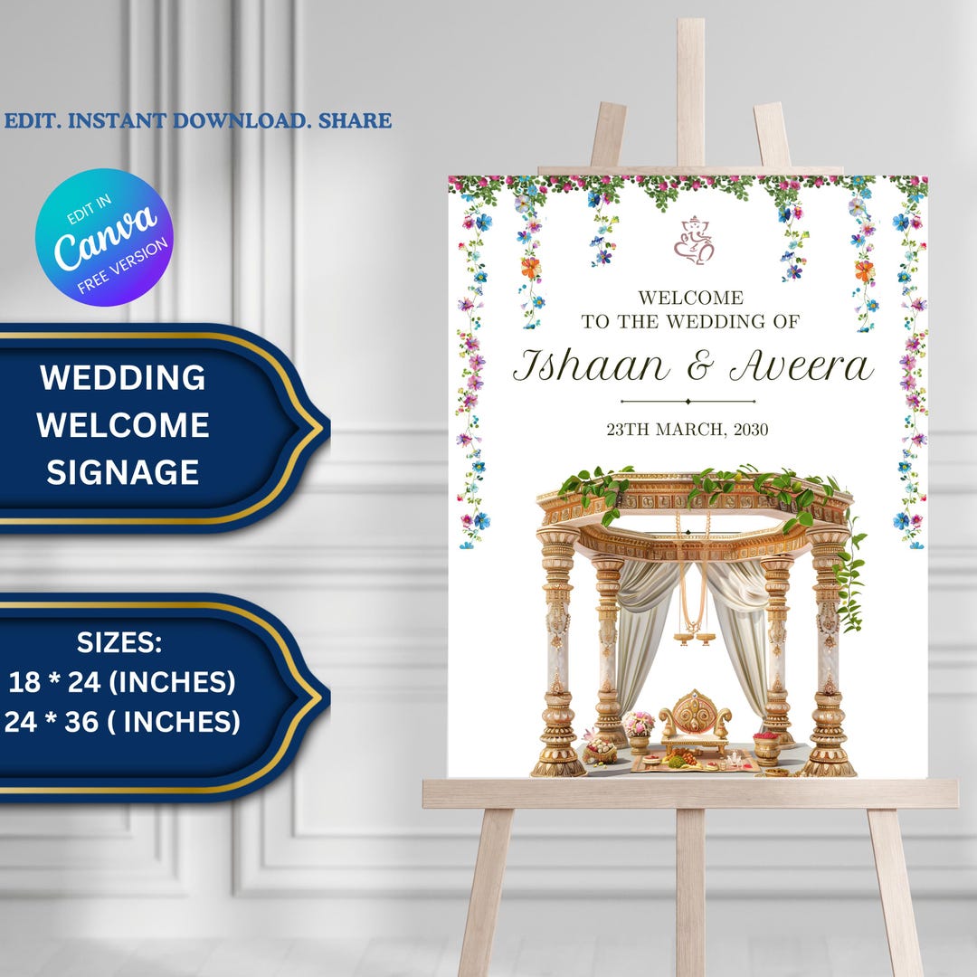 Royal Indian Wedding Welcome Sign, Customizable Canva Template, Hindu ...