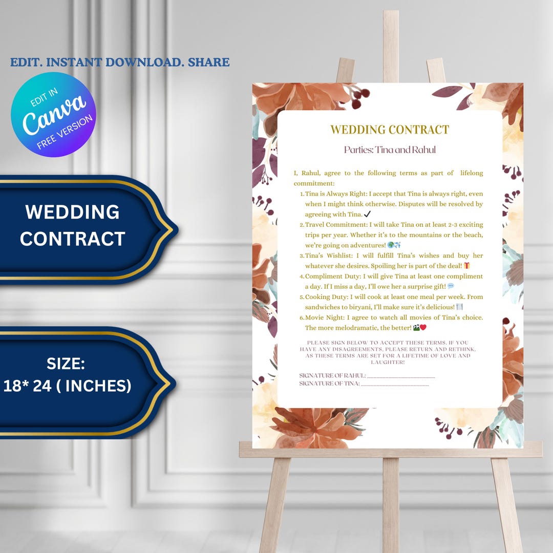 Beautiful Floral Wedding Contract, Editable Canva Template for Elegant ...