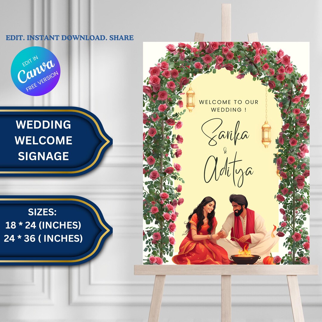 Traditional Wedding Welcome Sign, Red Roses Garland, Customizable Canva ...