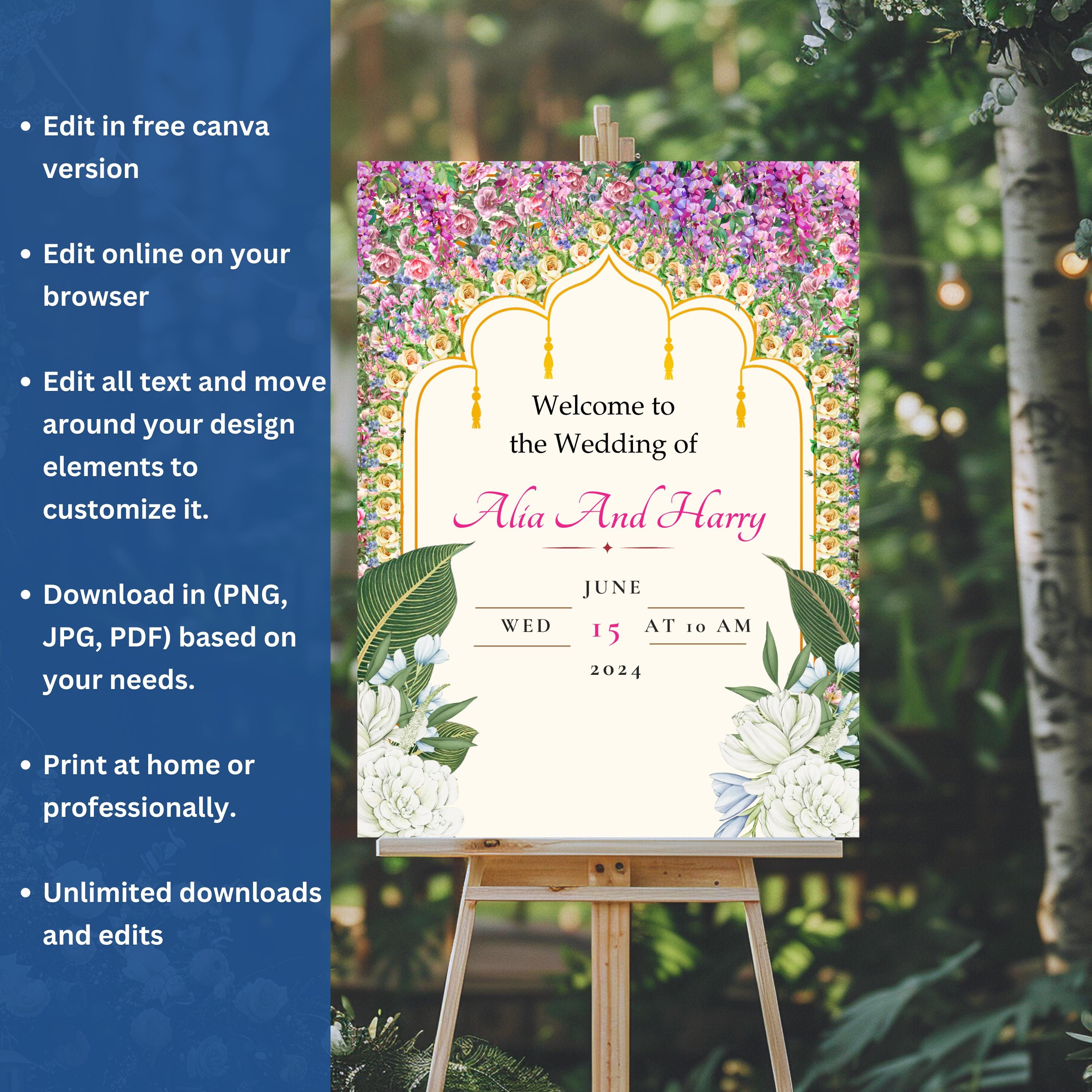 Colorful Floral Archway Wedding Welcome Sign, Customizable Canva ...