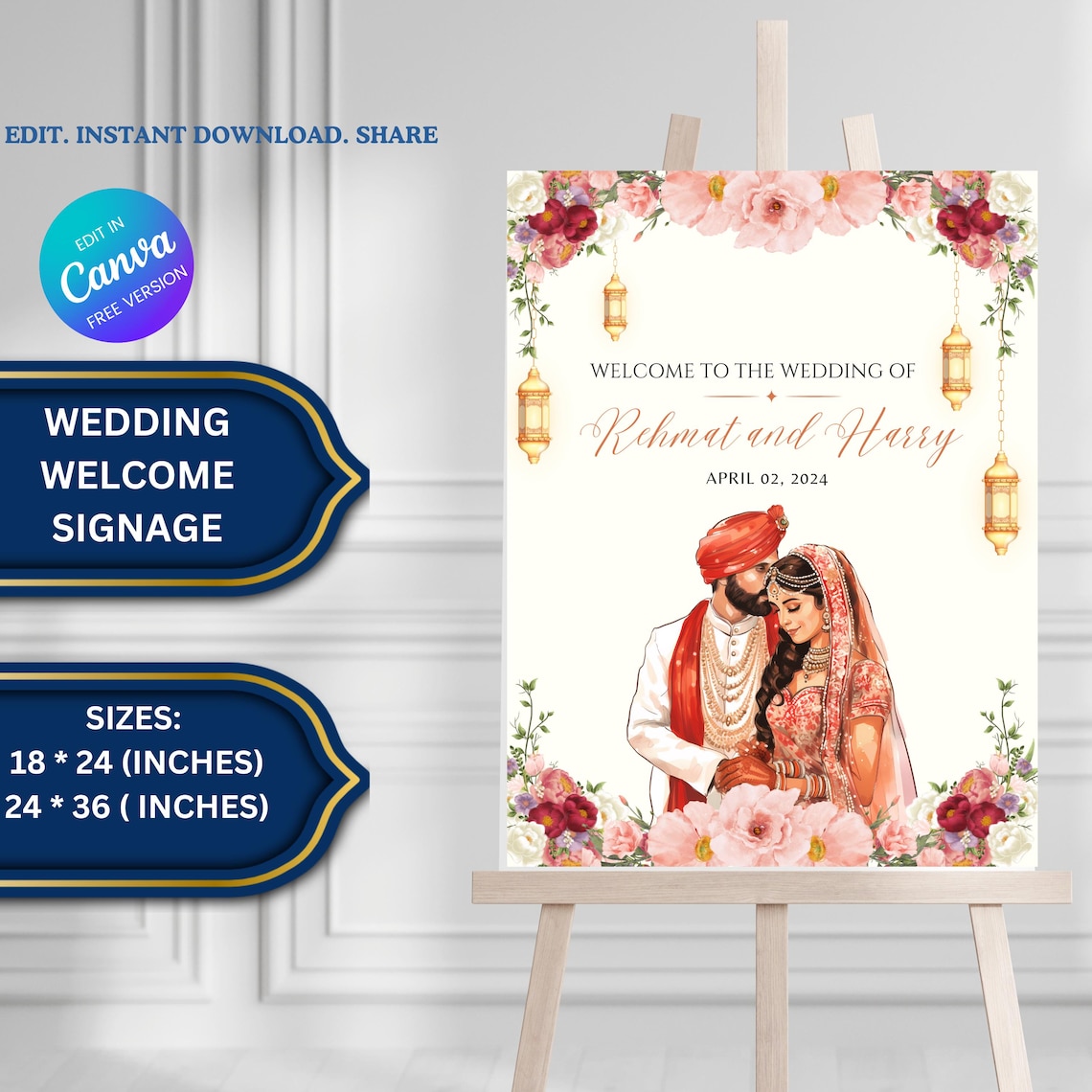 Punjabi Wedding Welcome Sign, Customizable Canva Template,indian ...