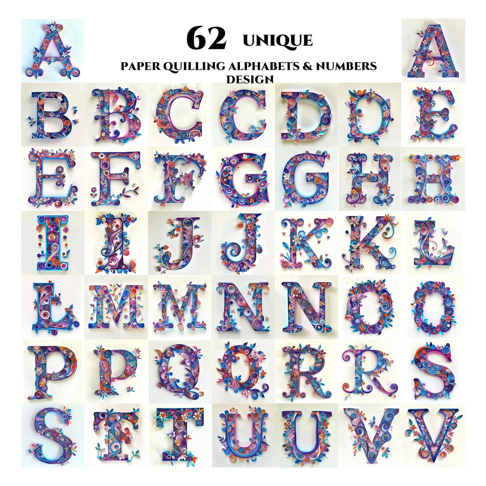 Paper Quilling Alphabet, Numbers Clipart, A-Z Letters, 0-9, Quilling ...