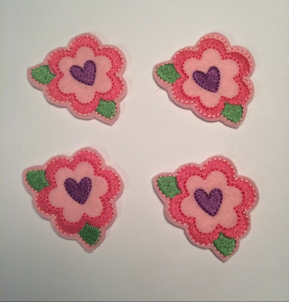 Pink Flower Heart Embroidered Felt Applique | Etsy