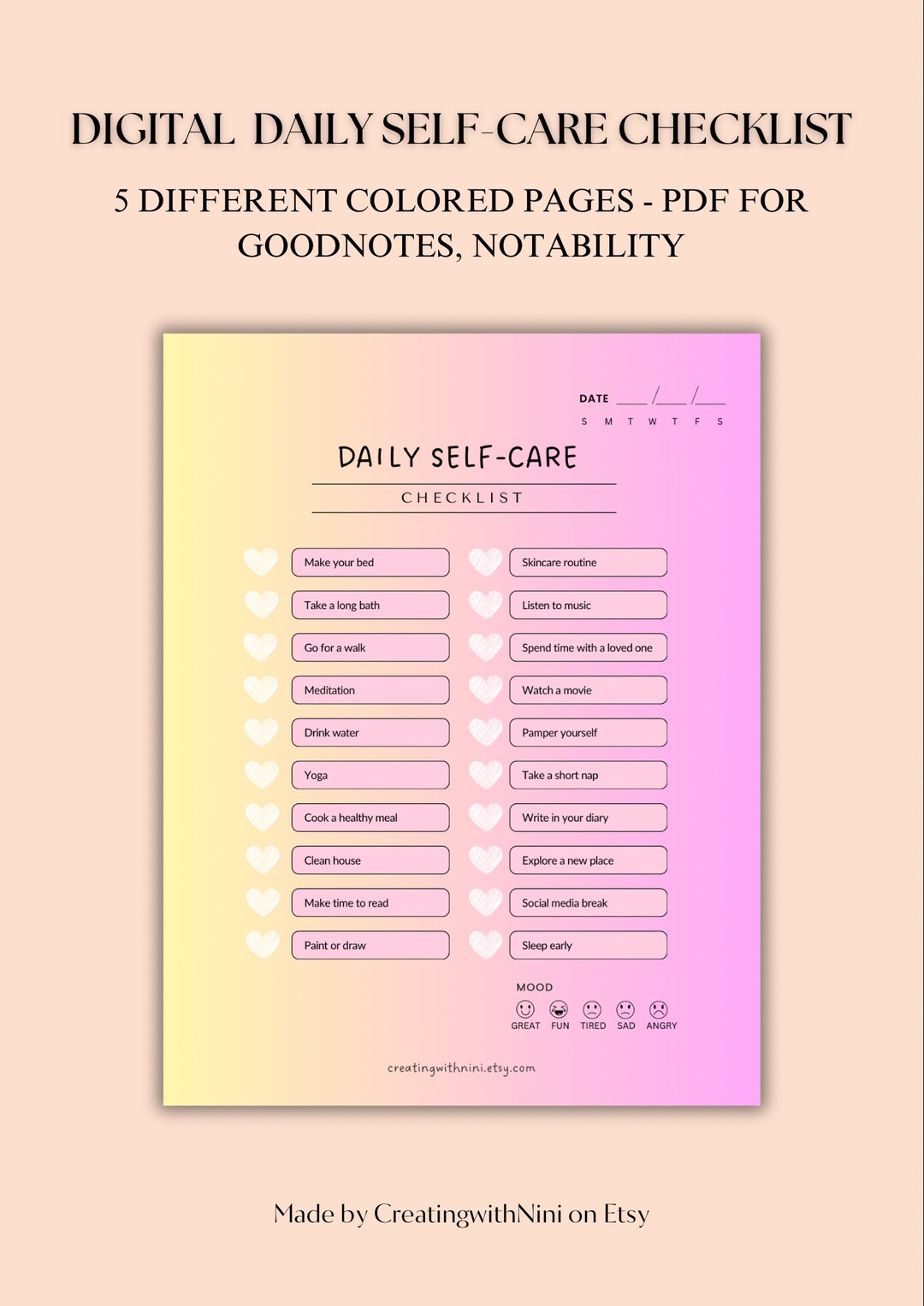 Daily Self-care, Daily Checklist, Digital Checklist, Instant Download ...