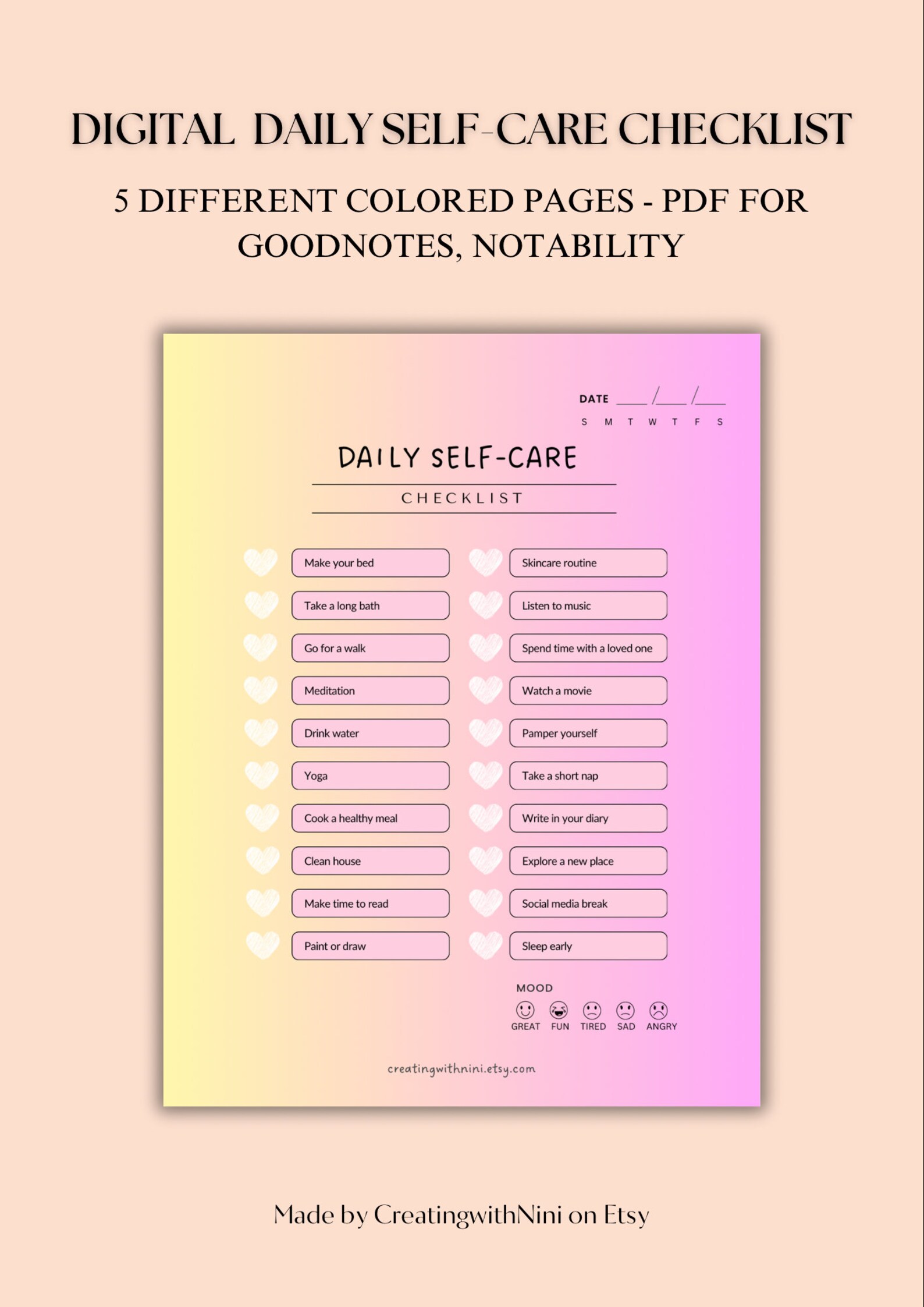 Daily Self-care, Daily Checklist, Digital Checklist, Instant Download ...