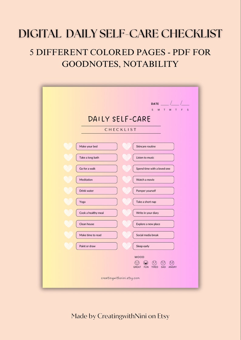 Daily Self-care, Daily Checklist, Digital Checklist, Instant Download ...
