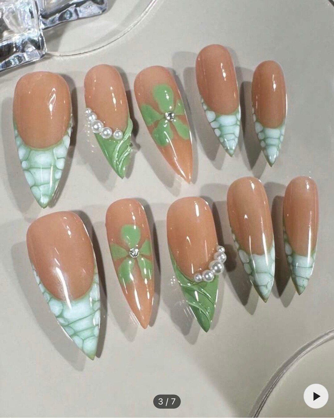 Pure Handmade Nails Blossom Gel Crocodile Skin Stiletto Green French ...
