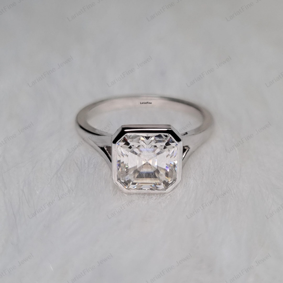 Full Bezel Set Engagement Ring, Asscher Cut Moissanite Wedding Ring ...