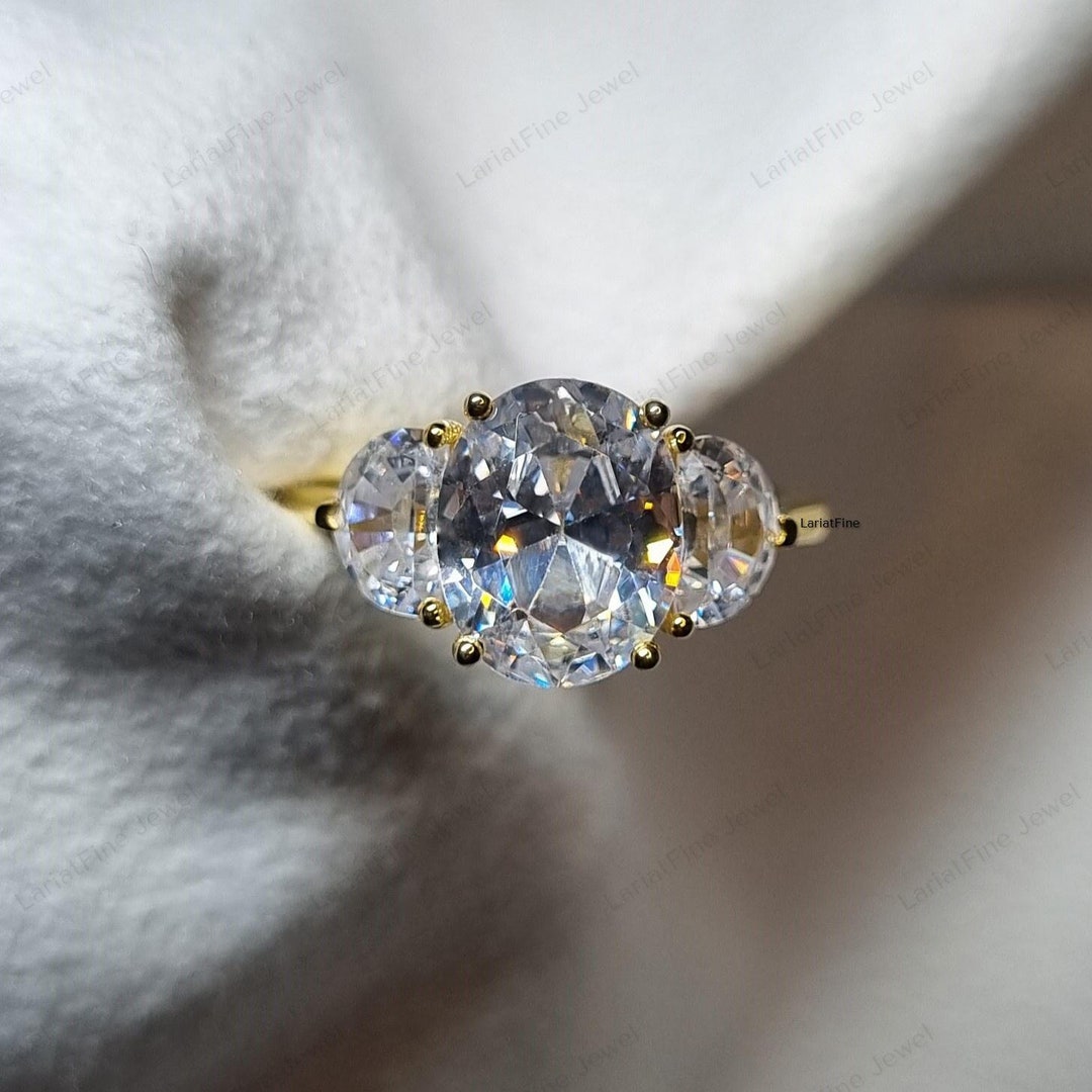 Three Stone Engagement Ring, Oval Cut Moissanite Wedding Ring, Half ...