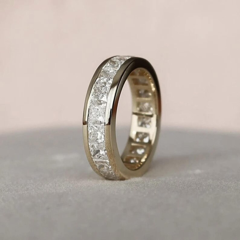 18K Solid Gold Bridal Band, Princess Cut Moissanite Wedding Band, Full ...