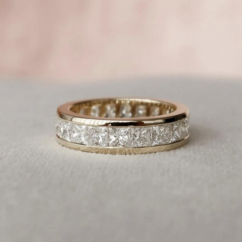 18K Solid Gold Bridal Band, Princess Cut Moissanite Wedding Band, Full ...