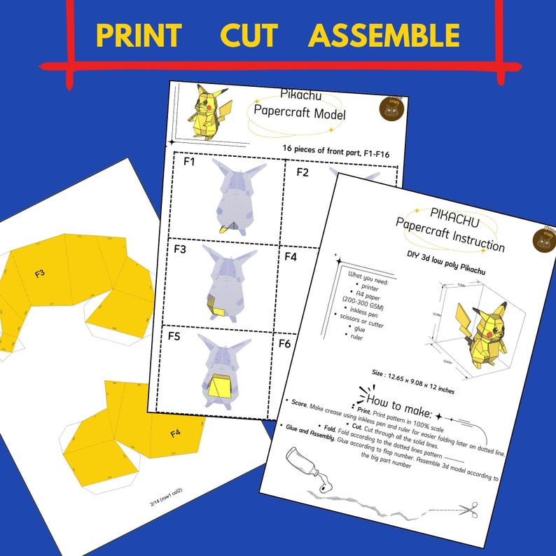 3D Low Poly Pikachu Papercraft Digital Template School Project - PDF ...
