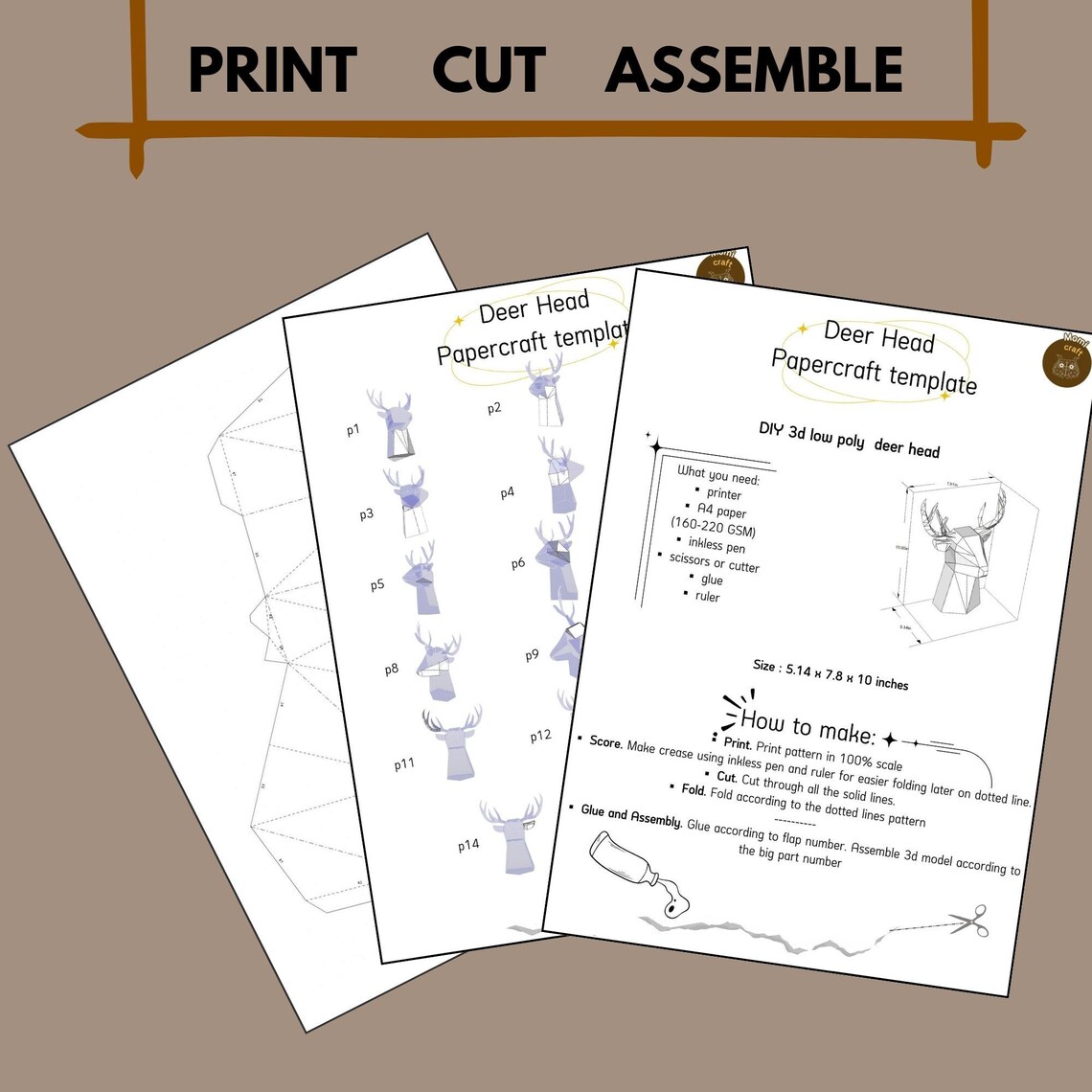 DIY 3D White Deer Head Low Poly Papercraft Template for Christmas Decor ...