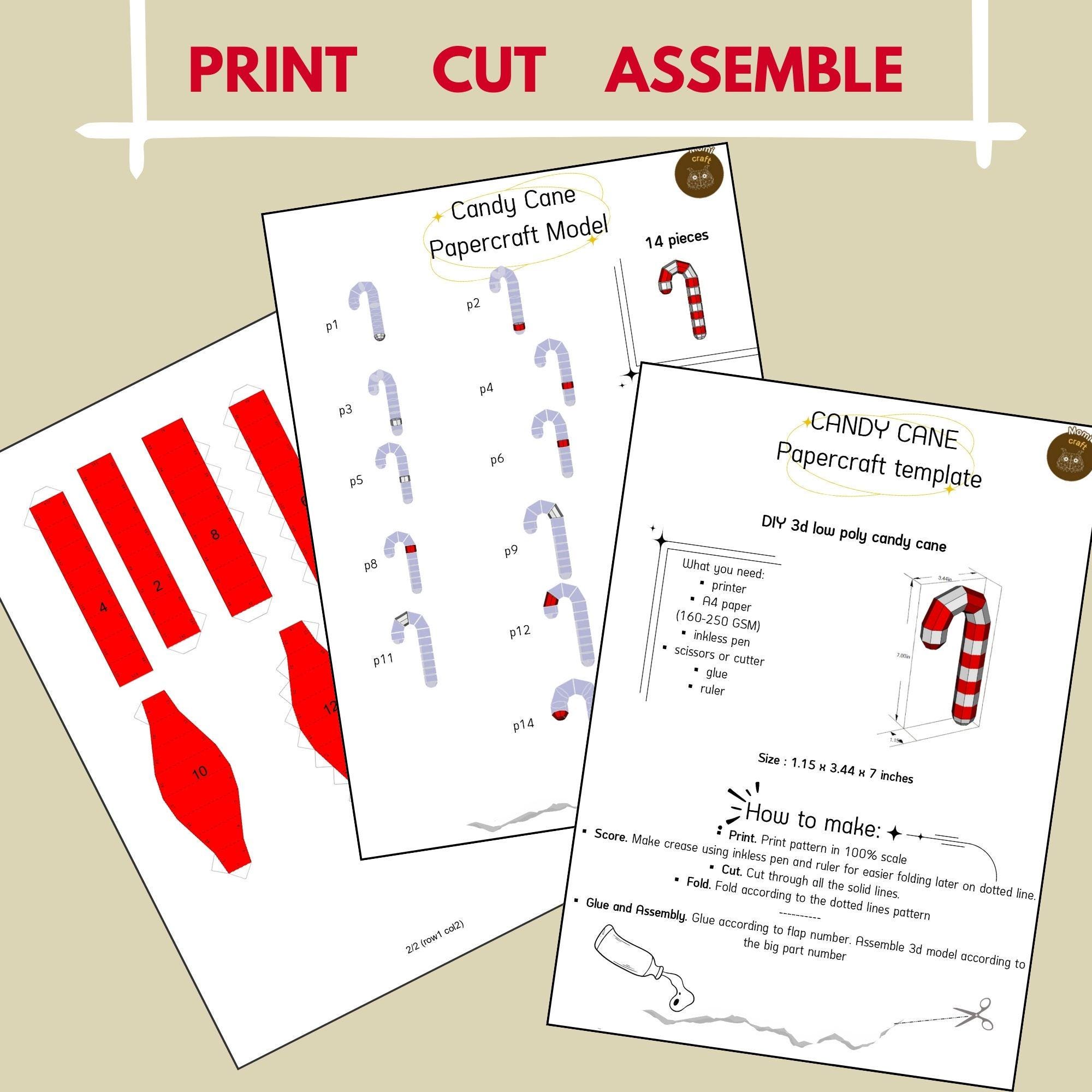 Easy DIY Candy Cane Papercraft Template Low Poly Model Christmas Decor ...