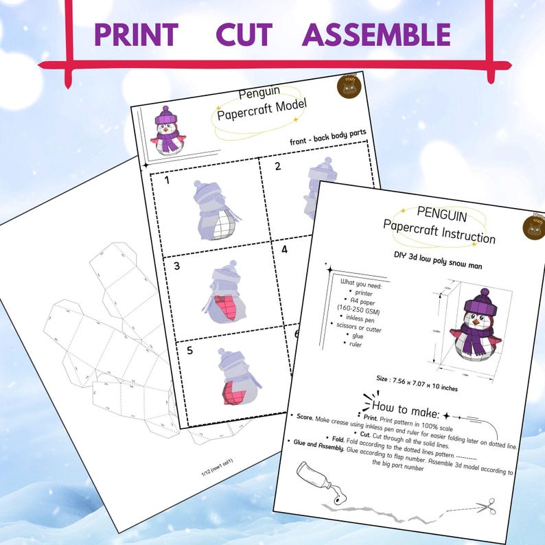 3D Low Poly Winter Penguin Papercraft Template Christmas Decor - PDF ...