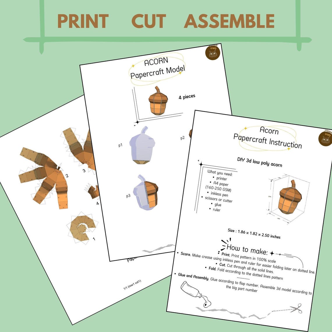 DIY 3D Low Poly Acorn Papercraft Template Christmas Decor PDF Download ...