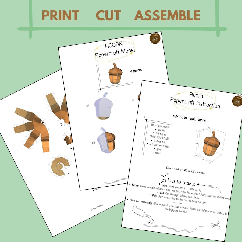 DIY 3D Low Poly Acorn Papercraft Template Christmas Decor PDF Download ...