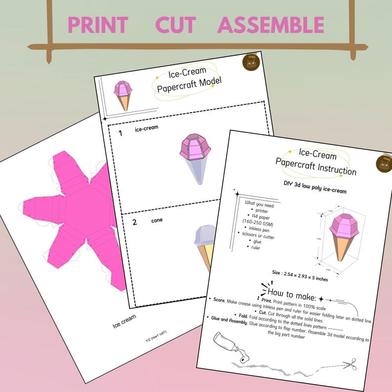 Easy 3D Low Poly Ice Cream Papercraft Template Kids Craft Elementary ...