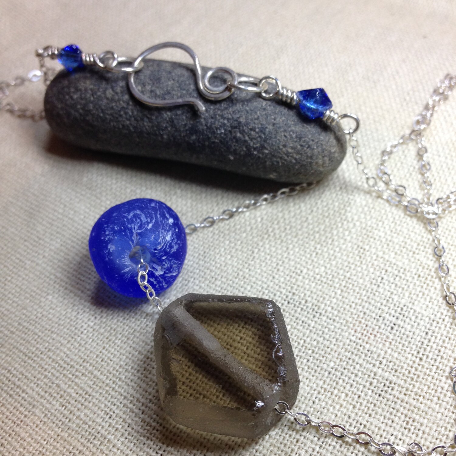 Hexed - recycled smoke and blue glass and sterling sliding chain ...