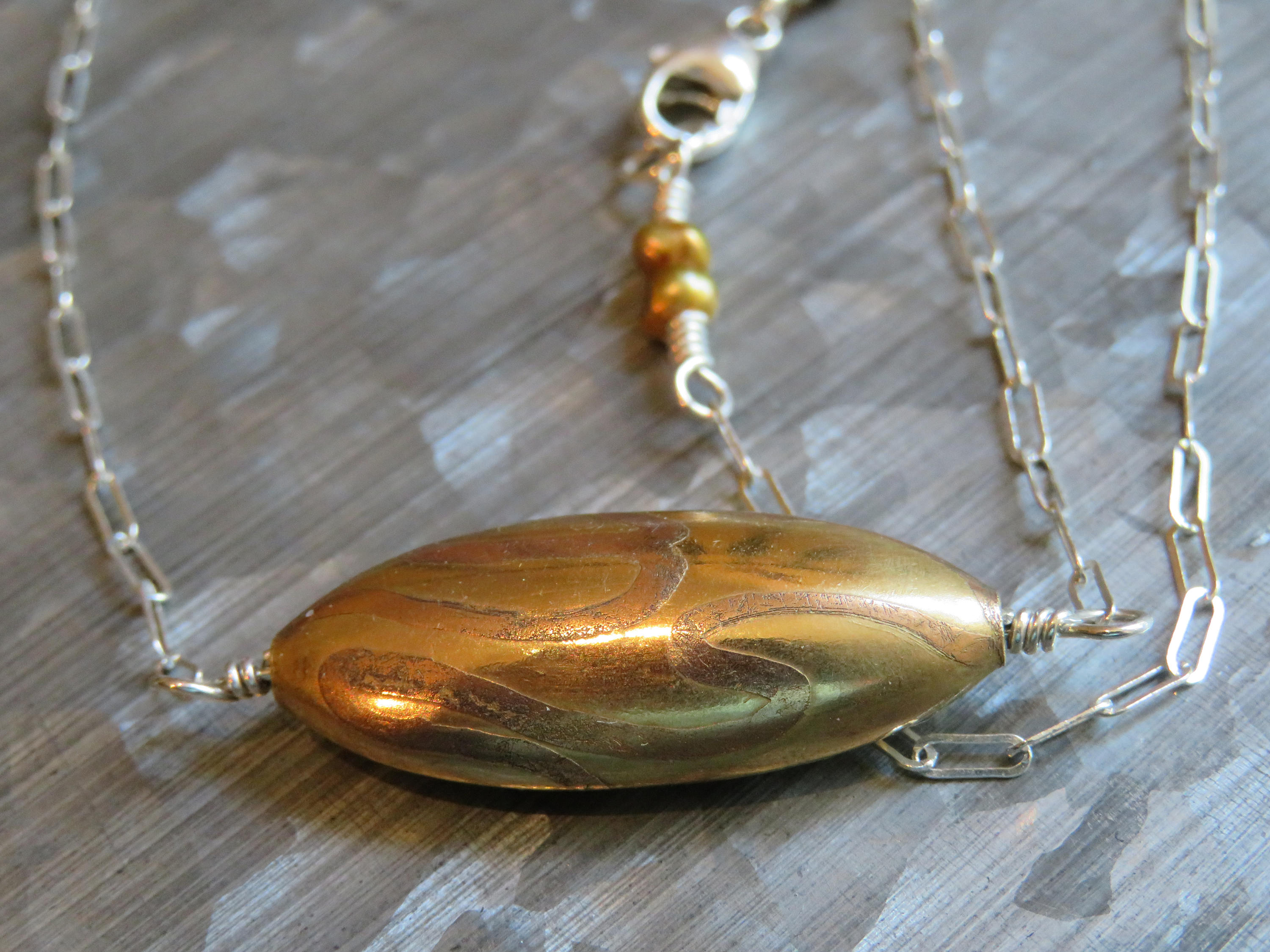 Undulate - etched brass, freshwater pearl and sterling silver necklace ...