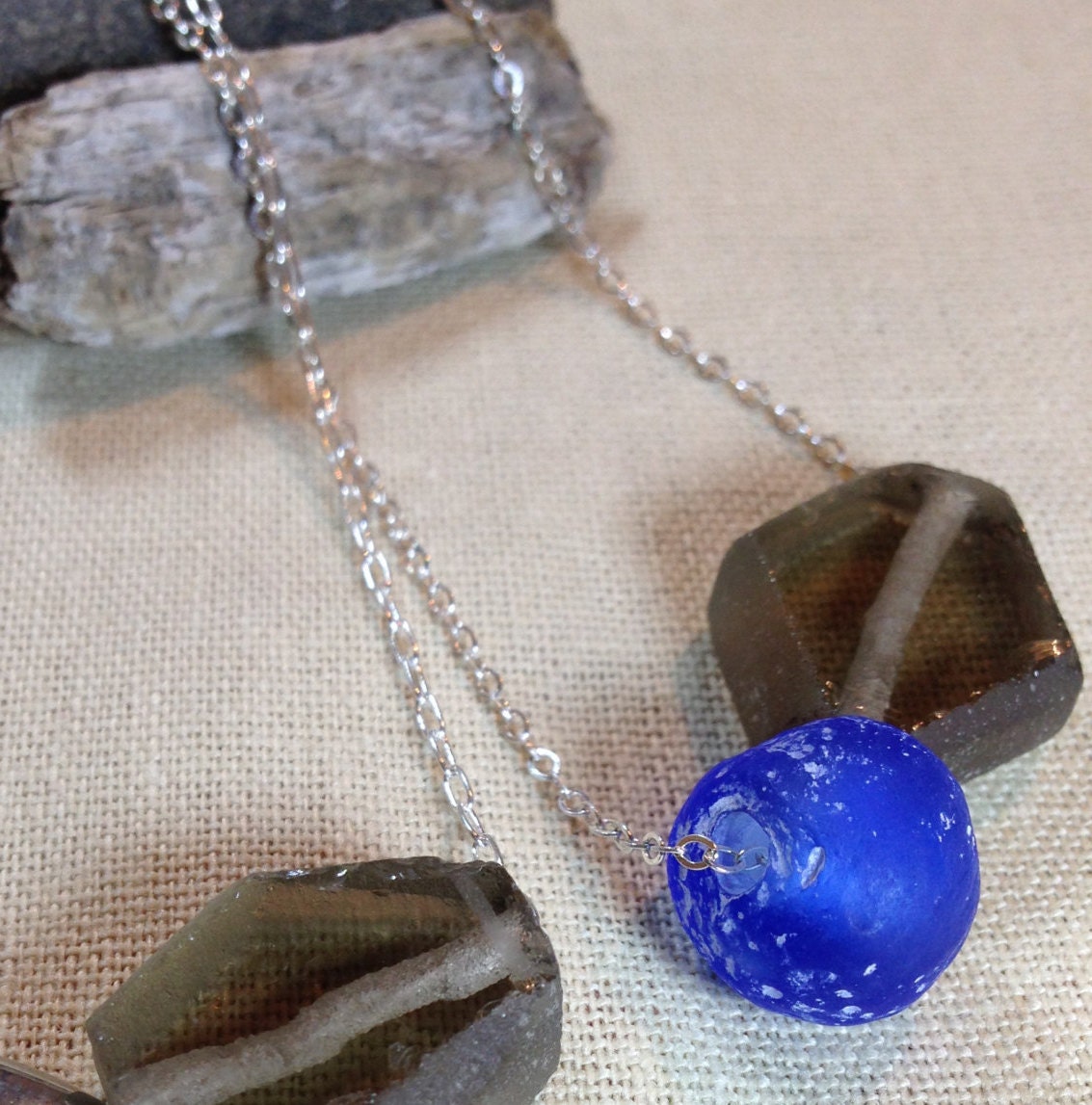 Hexed - recycled smoke and blue glass and sterling sliding chain ...