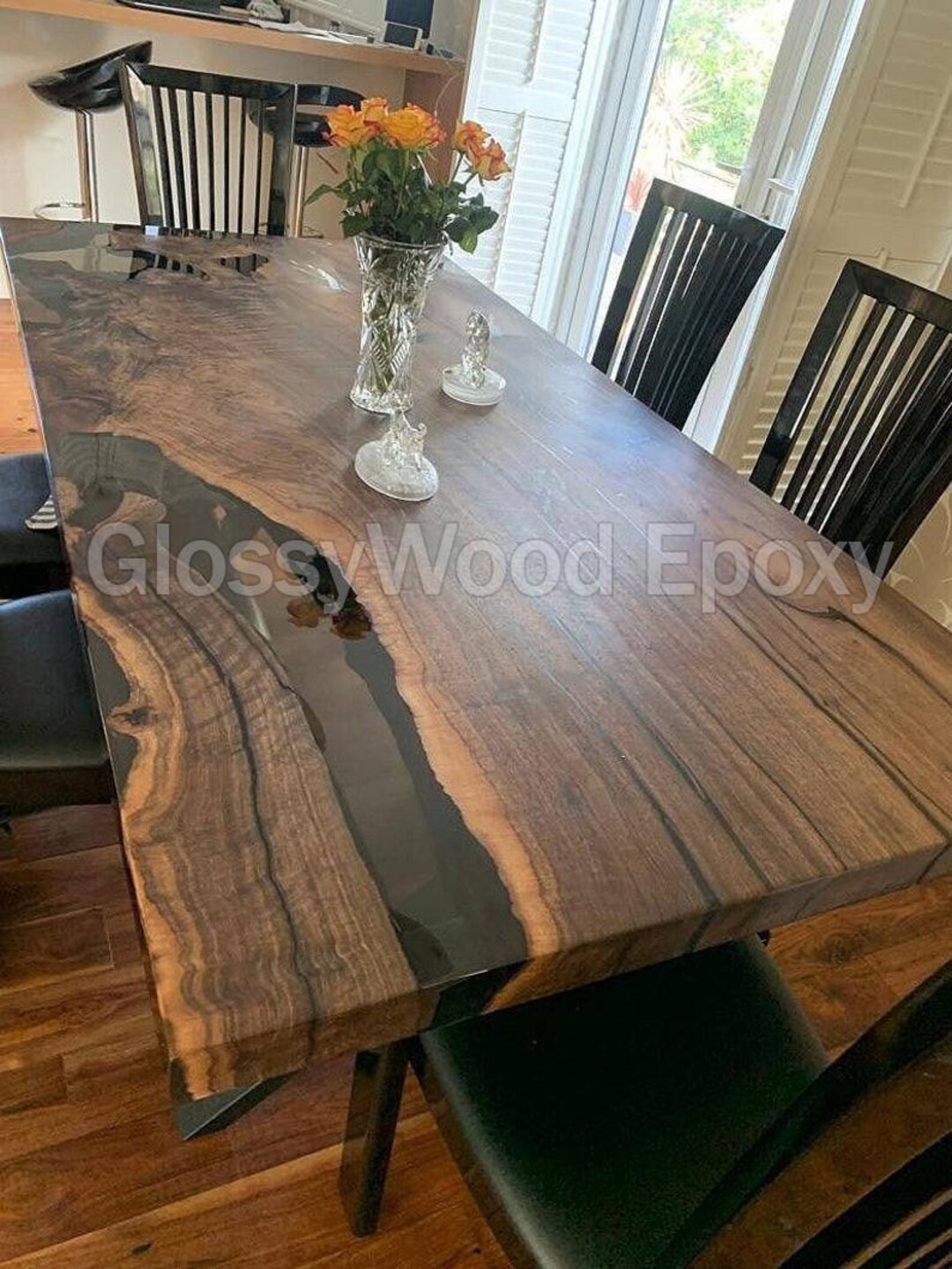 Dark Walnut Smoke Epoxy Table / Walnut Wood Dining Epoxy Table / Live Edge Epoxy River Table ...