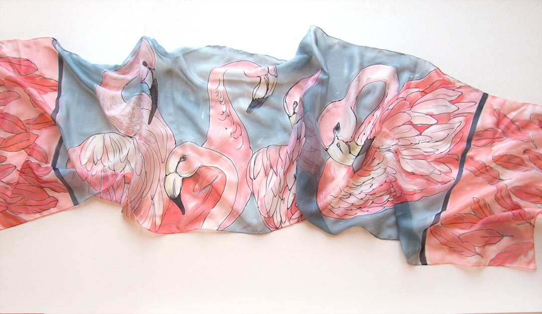 Silk Chiffon Scarf- Flamingos Dance/ Hand Painted Scarves | Neon Pink ...
