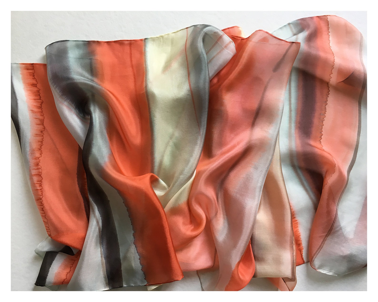 Coral Striped Silk Scarf Hand painted scarves Light Gray | Etsy