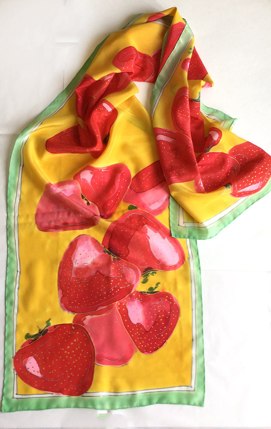 Strawberry Silk Scarf Hand Painted. Bright Summer Scarf in Yellow and ...