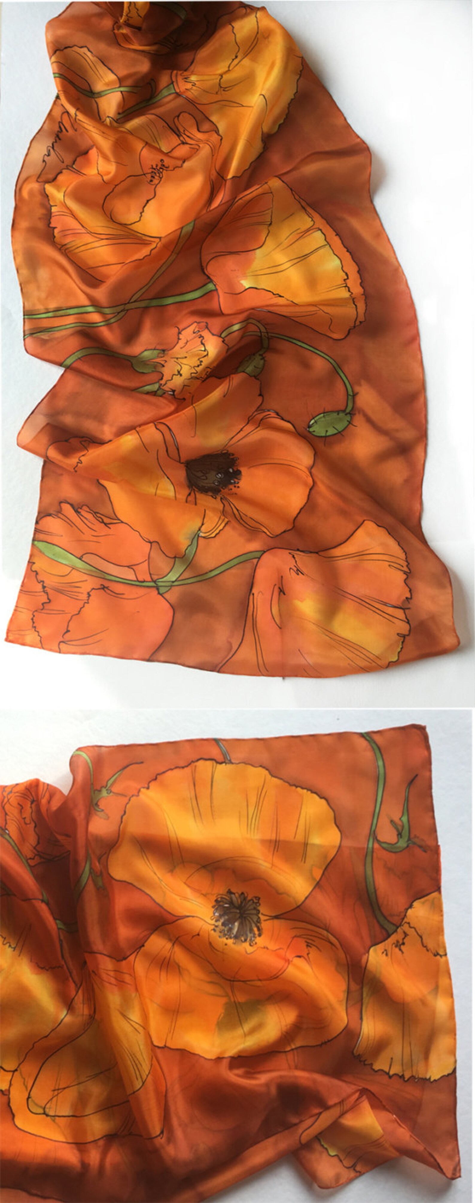 Tangerine Poppies Silk Scarf/ Hand Painted Scarf Shawl/ Burnt - Etsy