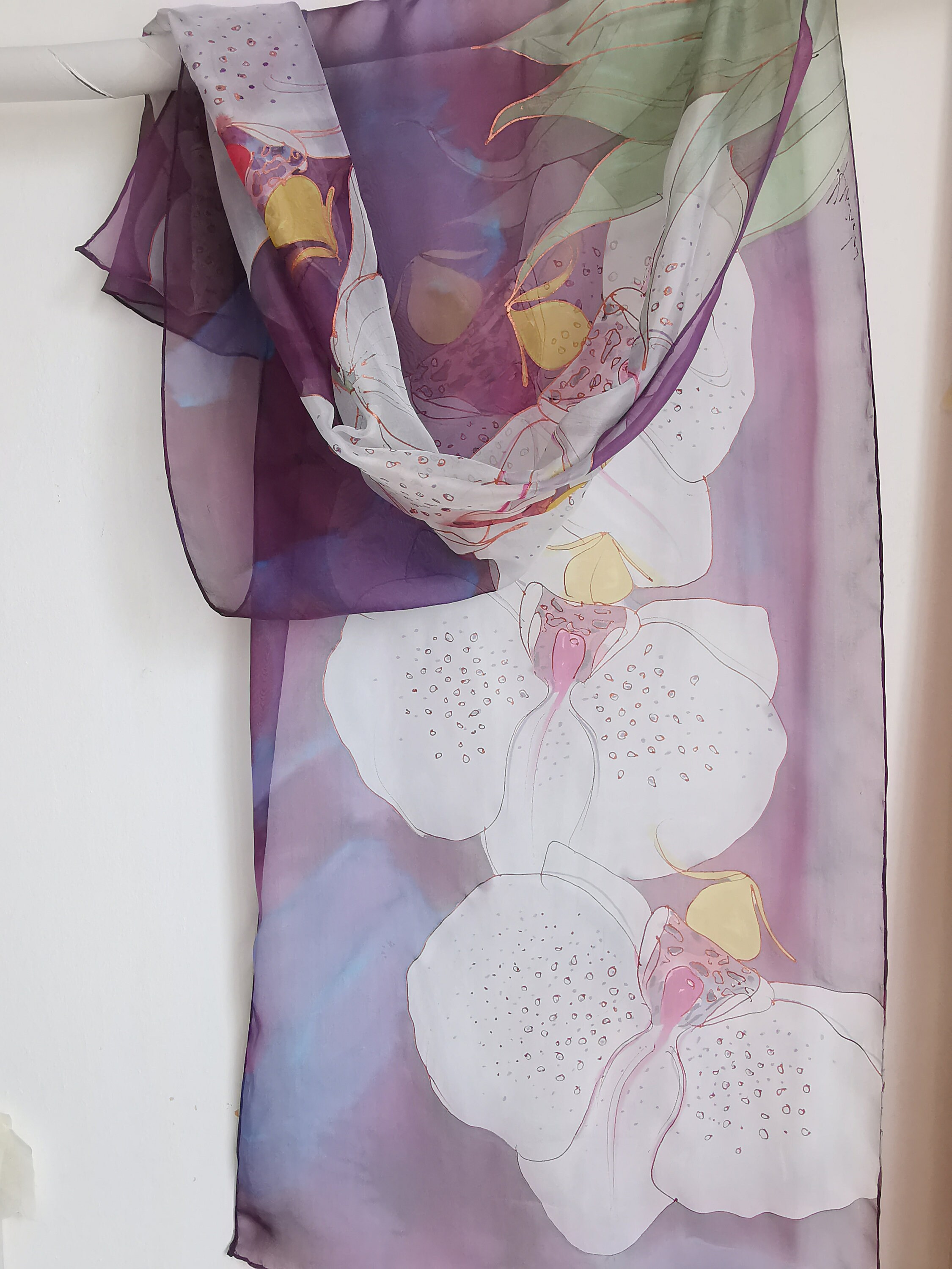 Purple Orchids Silk Scarf Hand Painted Long Neck Scarves - Etsy