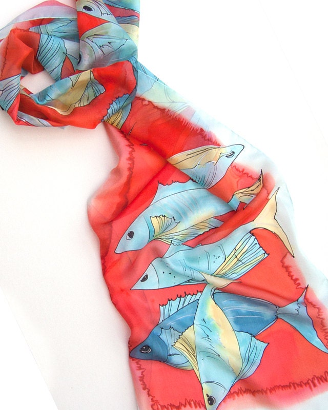 Hand Painted Silk Scarf-happy Fishes/ Red and Aqua Silk Scarf | Etsy
