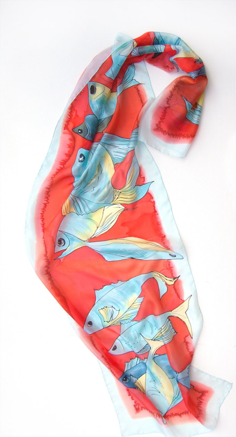 Hand Painted Silk Scarf-happy Fishes/ Red and Aqua Silk Scarf - Etsy