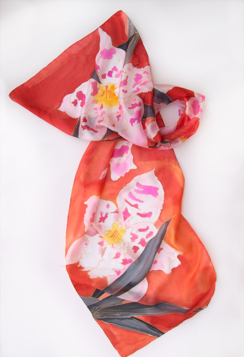 Hand Painted Silk Scarf Bright Red Silk Shawl Orchids Silk | Etsy