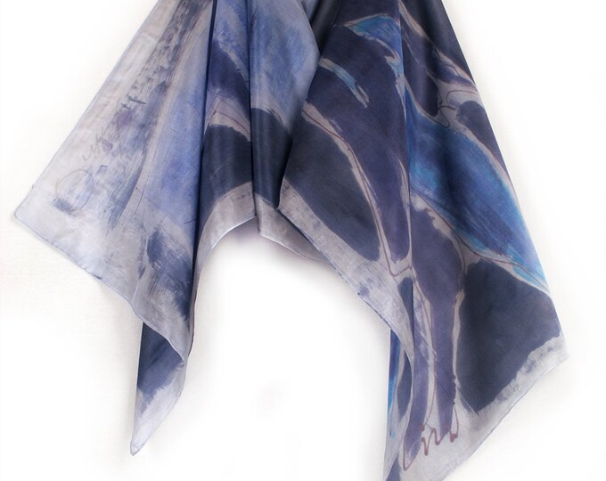 Hand Painted Scarf.blue Grey Scarf With Flowers.abstract Silk - Etsy