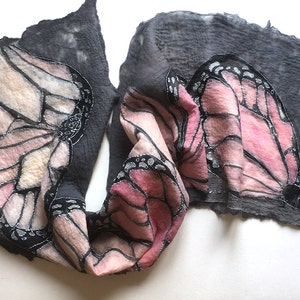 Felted Scarf- Butterfly's Wings Scarf/ Dark Gray Pink Scarf, Winter ...
