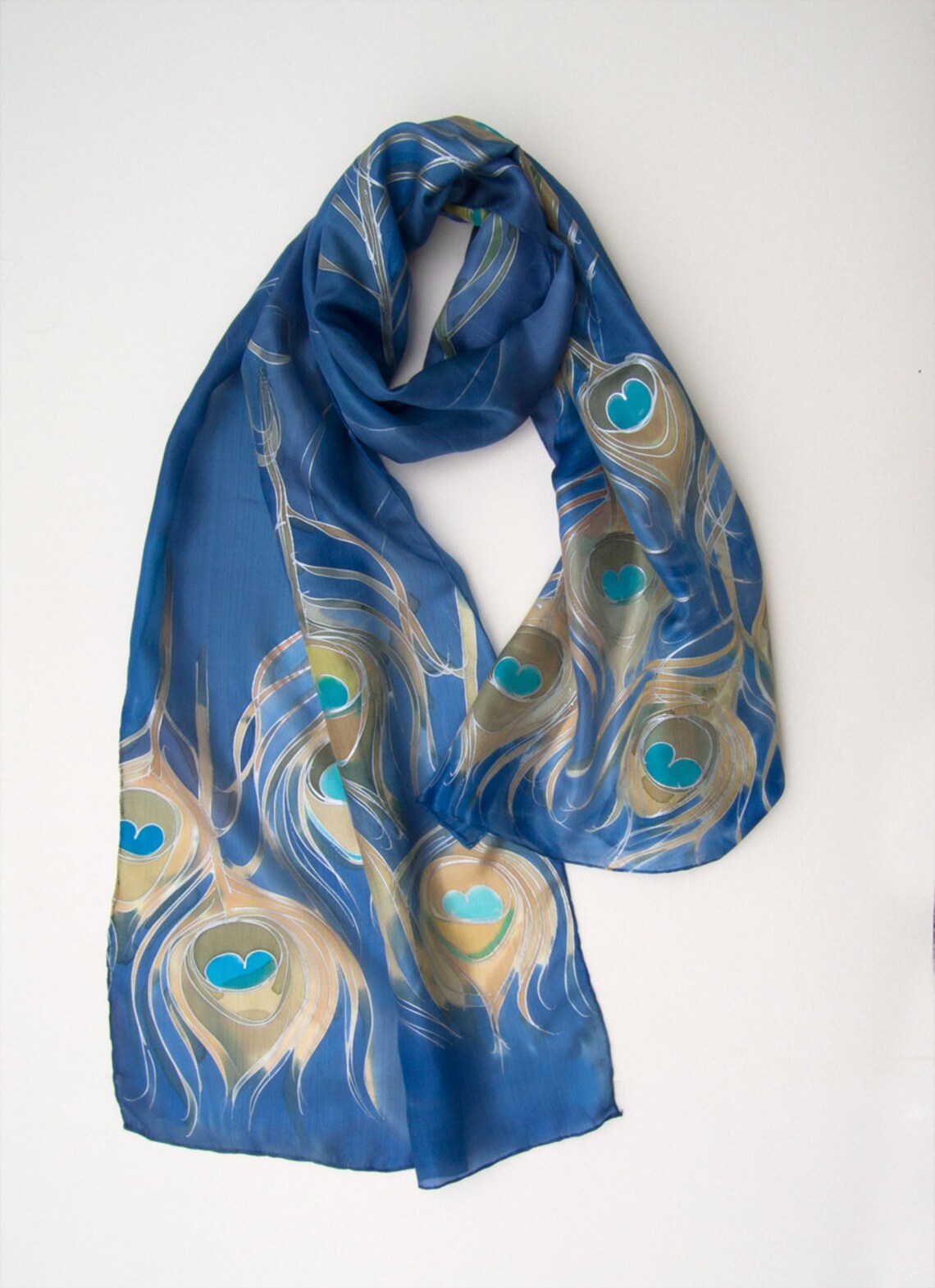 Peacock Feathers Silk Scarf Hand Painted Scarves Olympian Blue - Etsy
