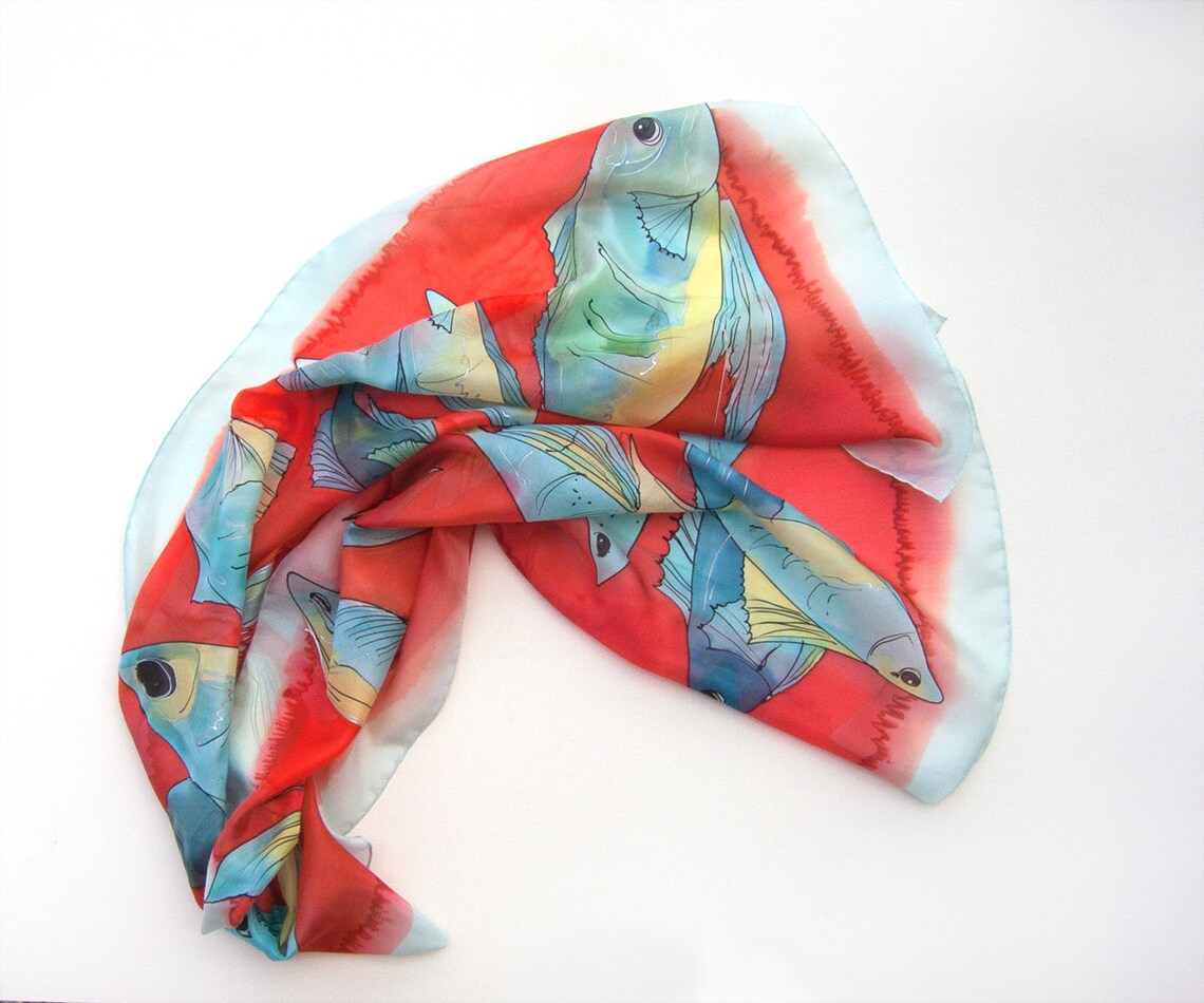 Hand Painted Silk Scarf-happy Fishes/ Red and Aqua Silk Scarf | Etsy