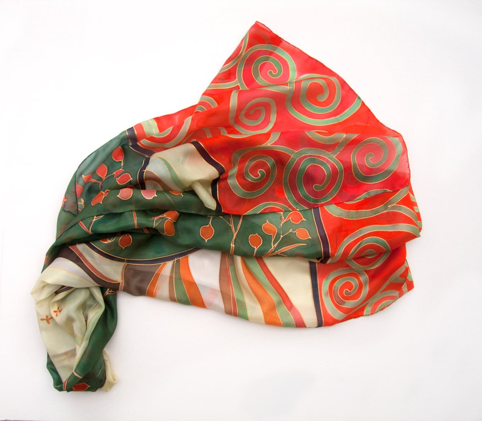 Hand-painted Silk Scarf: Klimt Inspired, Red & Green Art Deco Shawl - Etsy