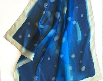 Blue Square Silk Scarf Hand-painted With White Flower - Etsy