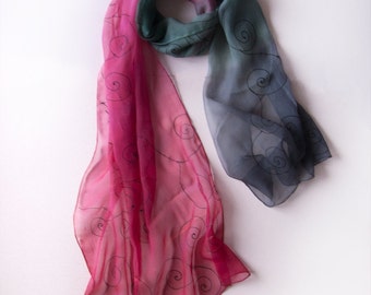 Silk chiffon scarf Silver Butterfly/ Blue beige scarf Hand