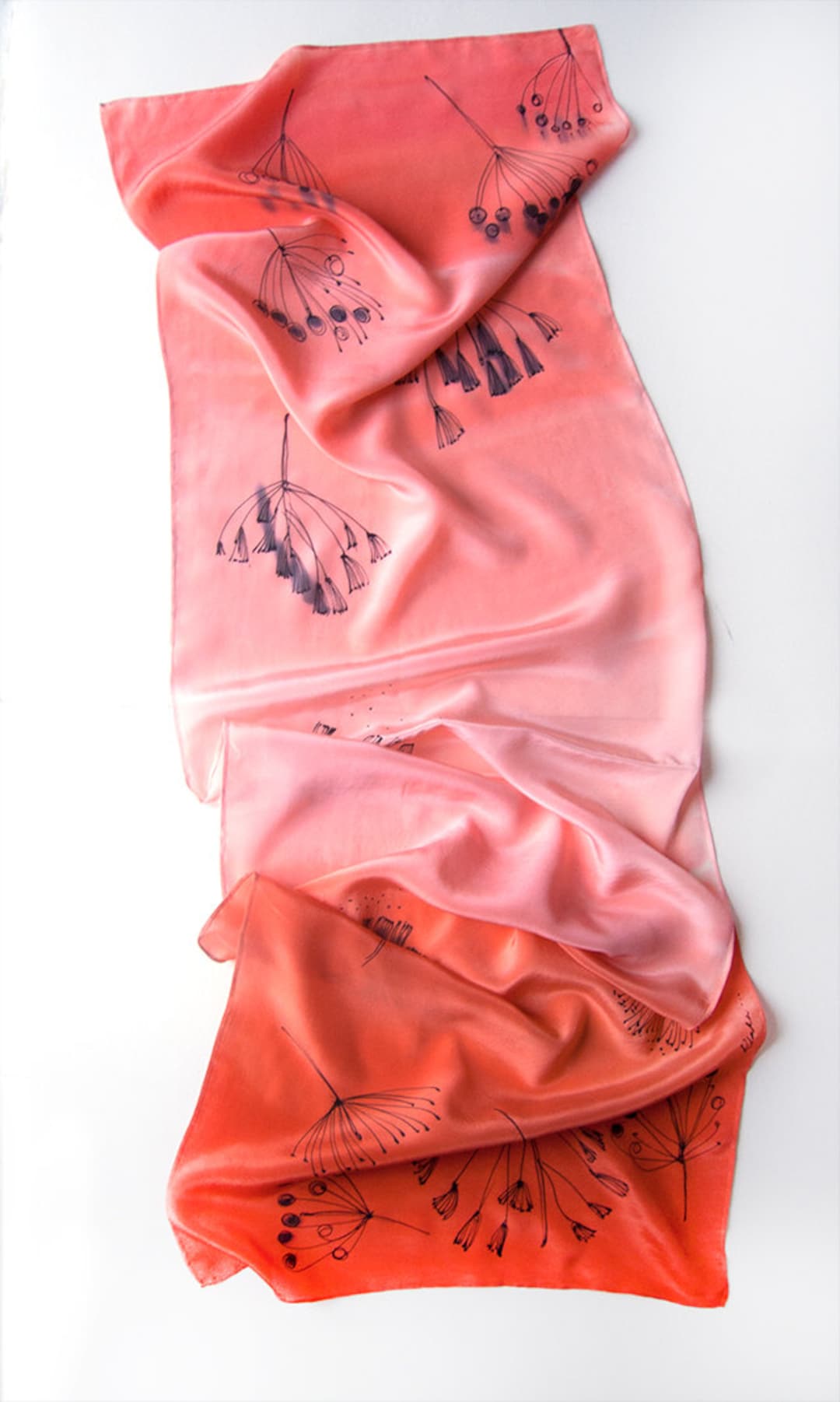 Coral Silk Scarf Crepe De Chine Scarf With Dandelions. Ombre Scarf in ...