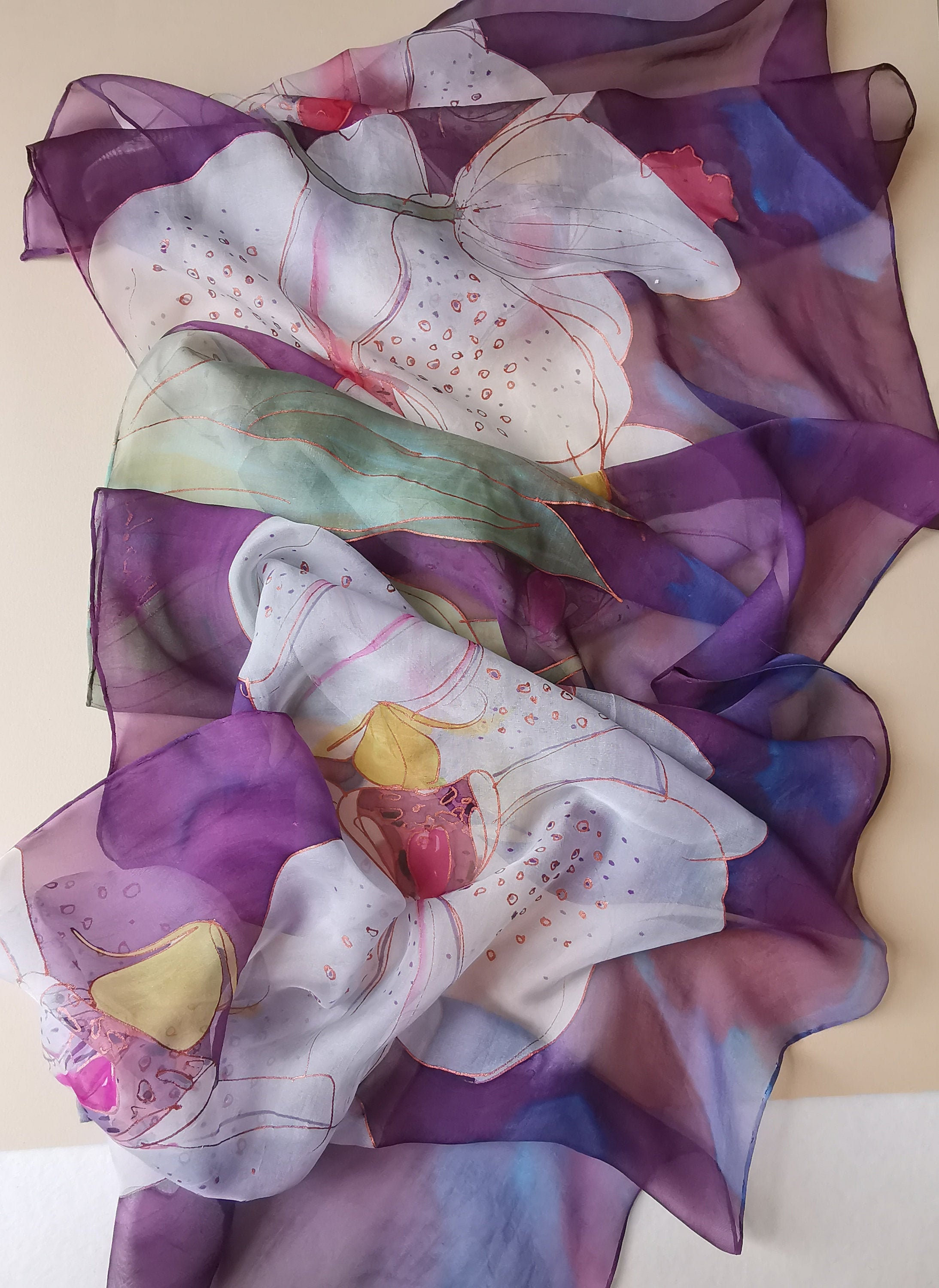 Purple Orchids Silk Scarf Hand Painted Long Neck Scarves - Etsy
